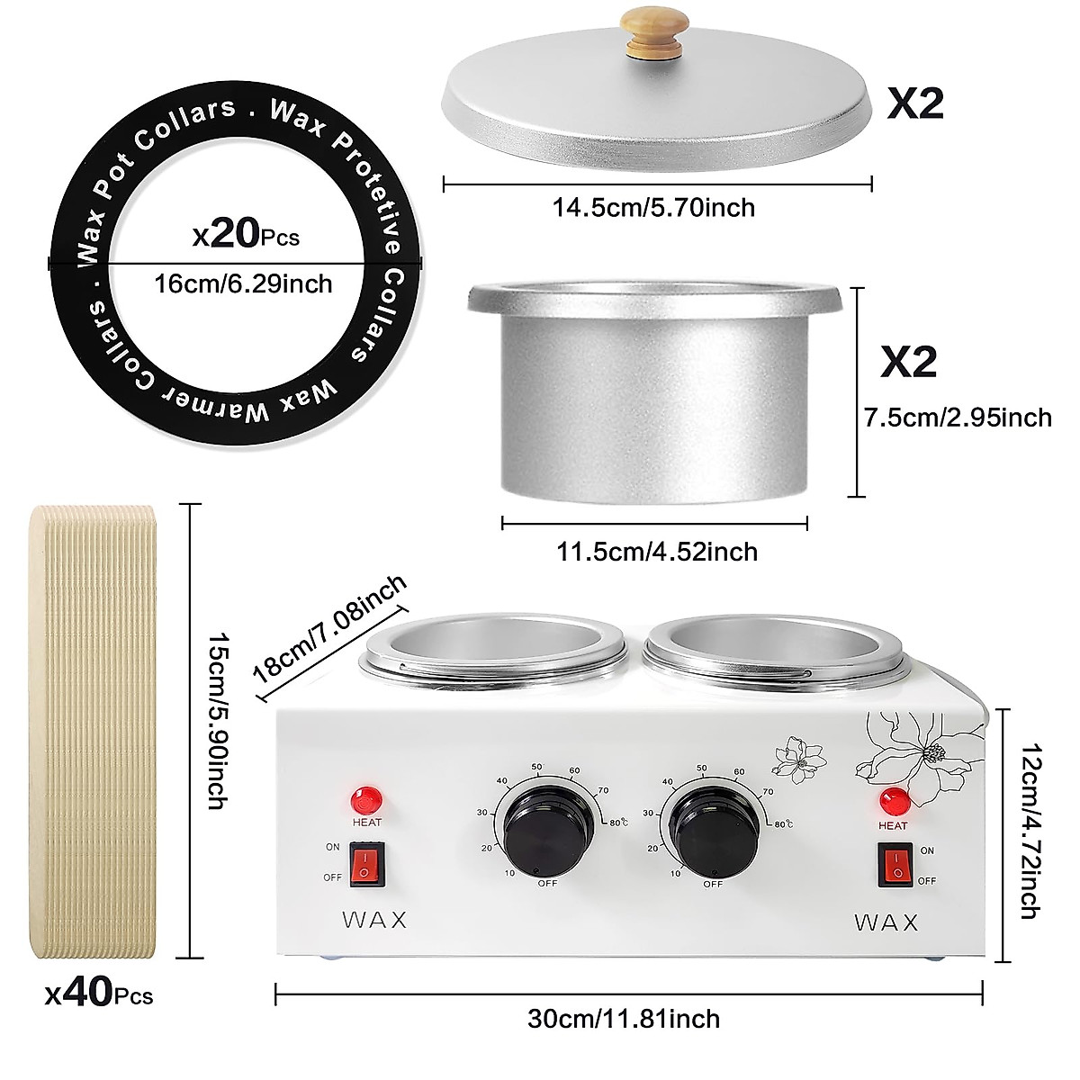 1.2L Double Portable Wax Warmer Machine for Painless Hair Removal, Women Men Professional Wax Heater with Adjustable Temperature Set,40pcs Wax Sticks