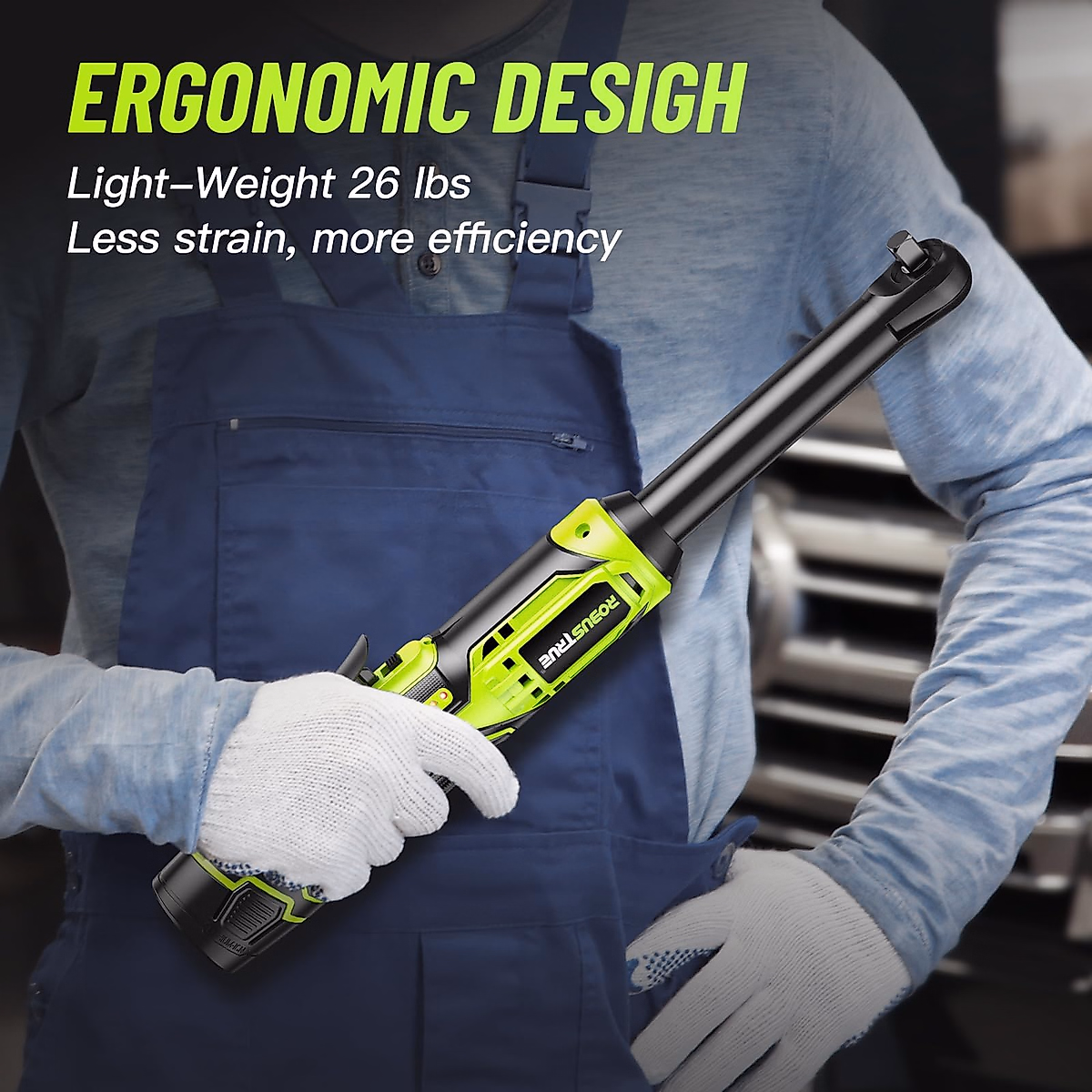 Robustrue 3/8" Cordless Ratchet Wrench, 6 inch Extended Ratchet Wrench, 40Ft-lbs 400RPM Cordless Ratchet, 2 Batteries Power Electric Ratchet Driver with Variable Speed, 7 Sockets, LED Light