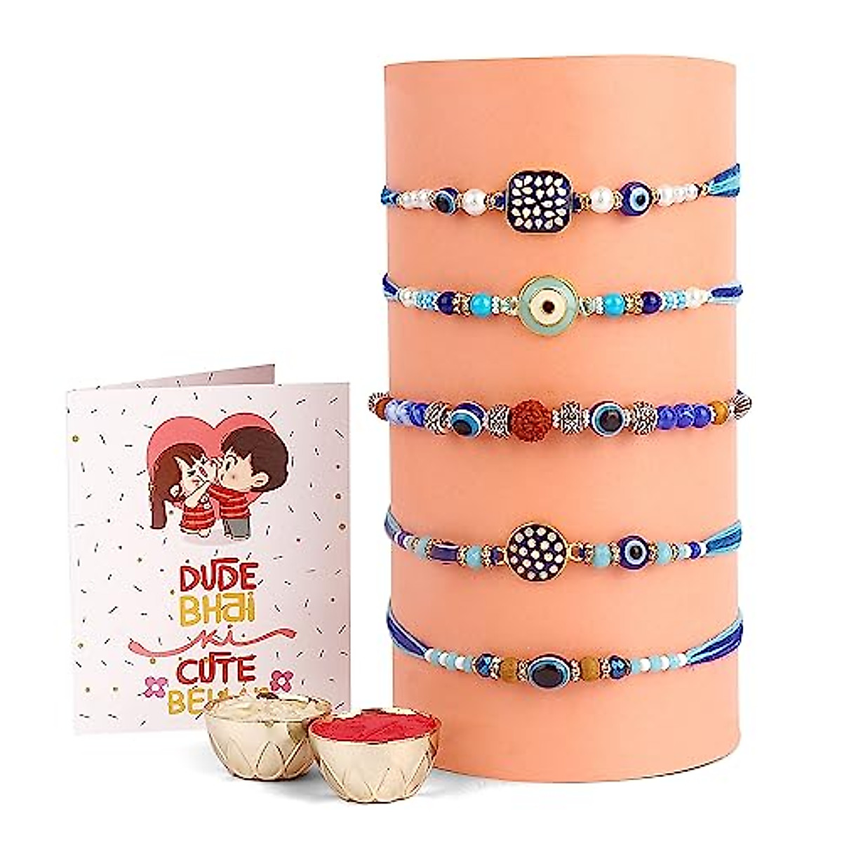 SATVIK 5 Pc Evil Eye Rakhi for Brother Bhaiya Bhabhi Traditional Handmade Assorted Designer Rakhi Set Roli Chawal, Greeting Card & Soun Stickers Rakhi Thread Rakhdi Bracelets Rakshabandhan