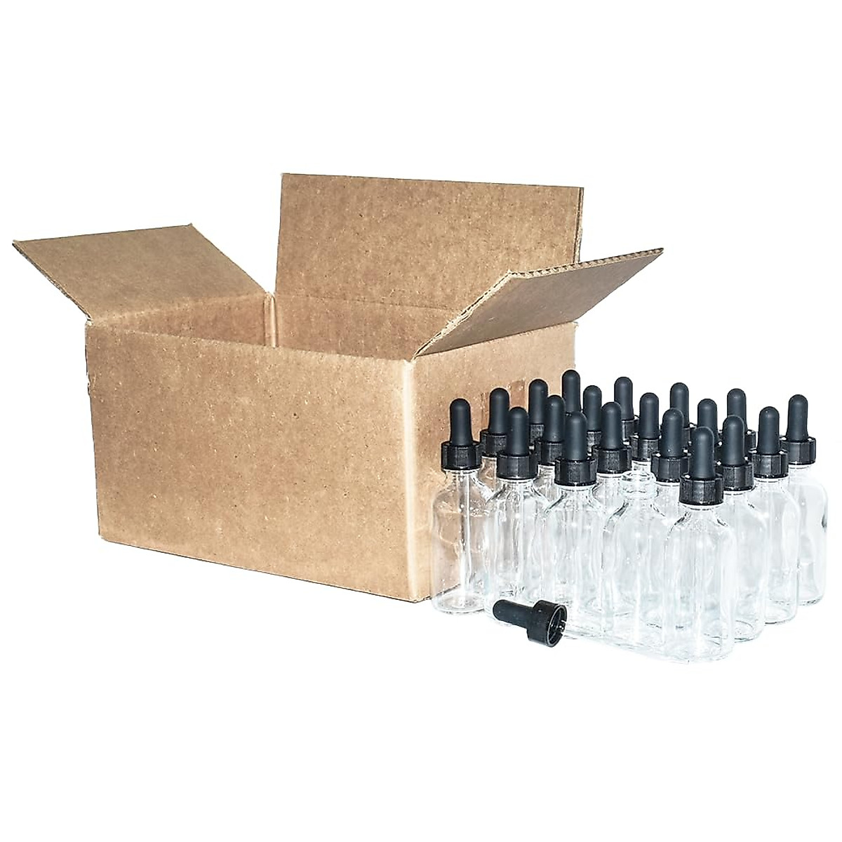 (24 Pack) 2 oz. Clear Boston Round with Black Glass Dropper