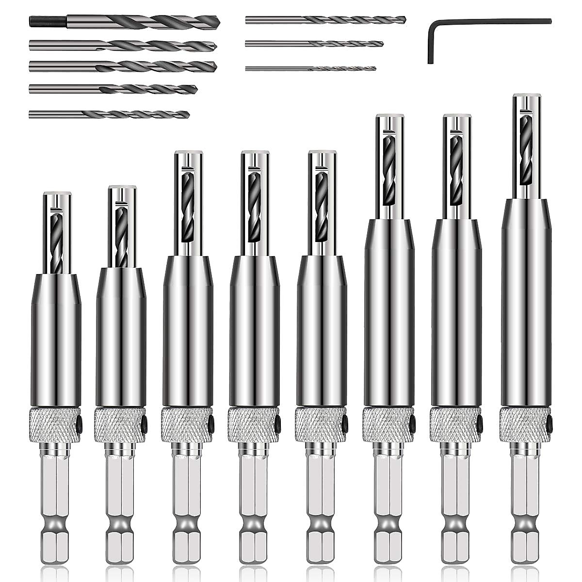 COMOWARE 17pcs VIX Bits Self Centering Drill Bit Set, 1/4" Hex Shank Self Centering Hinge Drill Bit Set for Woodworking Window Door Hinge, Quick Change with 1 Hex Key & 8 Drill Bits 5/64-1/4”