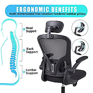 Flysky Ergonomic Office Desk Chair Breathable Mesh Swivel Computer Chair, Lumbar Back Support Task Chair, Office Chairs with Headrest and Flip-up Arms, Adjustable Height Executive Rolling Chair