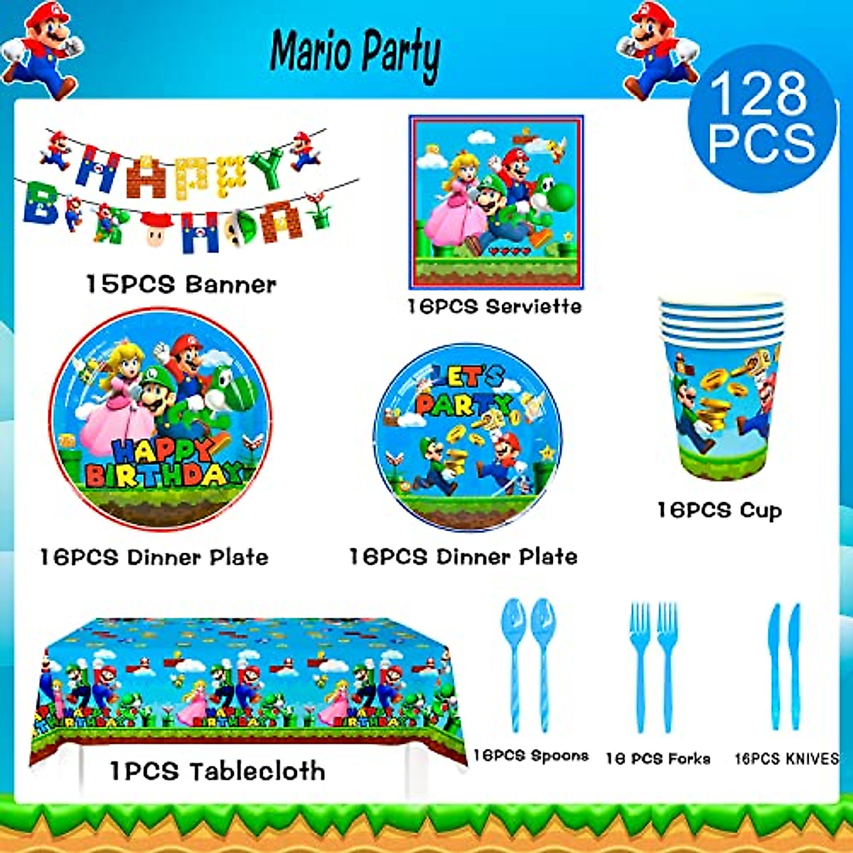 Su-perr M-arioo Birthday Party Supplies-128pcs Su-perr M-arioo Tableware Party Supplies Include M-arioo Party Plates and Napkins Cups Tablecloth for Boys/Girls M-arioo Theme Birthday Party Decorations
