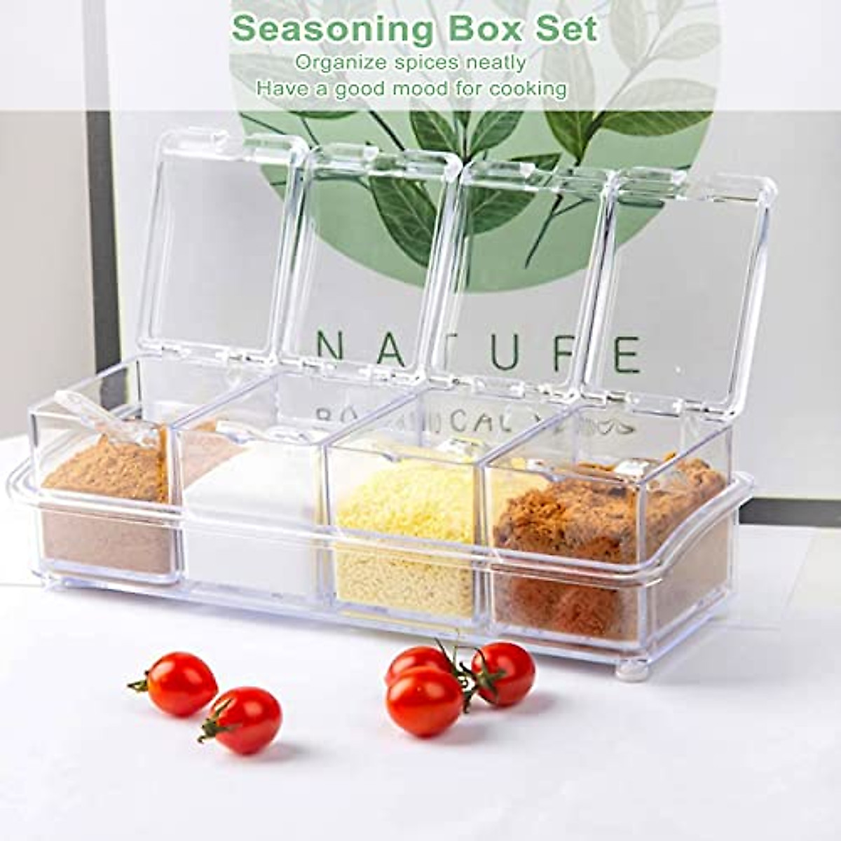SHAIDOJIO Clear Seasoning Box, 4 Piece Seasoning Rack Spice Pots, Plastic Storage Container Condiment Jars with Lids and Spoon, Kitchen Organization Containers for Spice, Salt, Sugar, Cruet