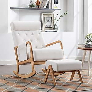 GNIXUU Glider Chair with Ottoman, Rocking Chair for Nursery, Upholstered Fabric Rocking Armchair Indoor with High Backrest for Living Room(Pink)