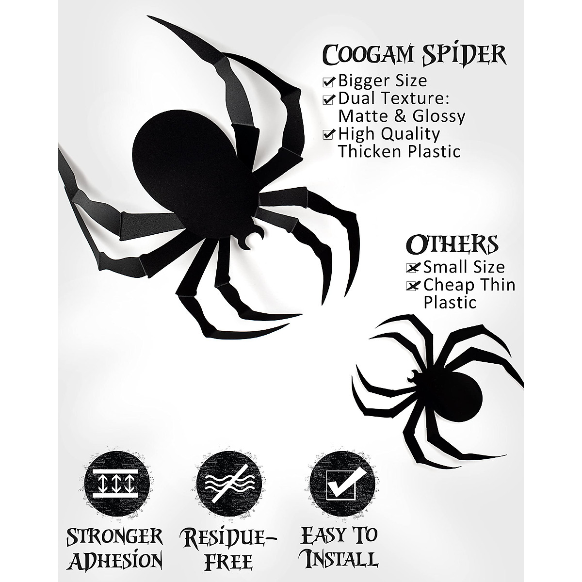 Coogam 60 PCS Halloween 3D Spiders Decoration, Scary Realistic Black Spider Sticker DIY Windows Wall Decal for Home Decor Bathroom Indoor Hallowmas Party Supplies