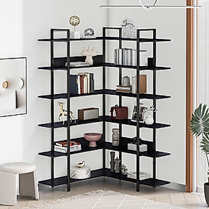 Daesar 74.8 Inch Bookshelf L-Shape MDF Boards Stainless Steel Frame Corner 6-Tier Shelves Adjustable Foot Pads, Black