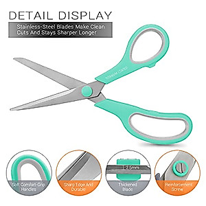 Scissors 8" Multipurpose Scissors Titanium Coated Sturdy Sharp Scissors Right/Left Handed Comfort-Grip Handles for Office Home School Sewing Fabric Craft Supplies Green/Gray