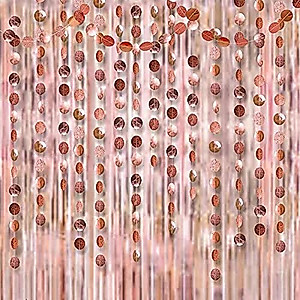 Rose Gold Party Decoration Foil Tinsel Fringe Curtain backdrop with Hanging Circle Garland for Birthday Party Wedding Engagement Background Bridal Baby Shower Birthday Sweet 16 Party Supplies