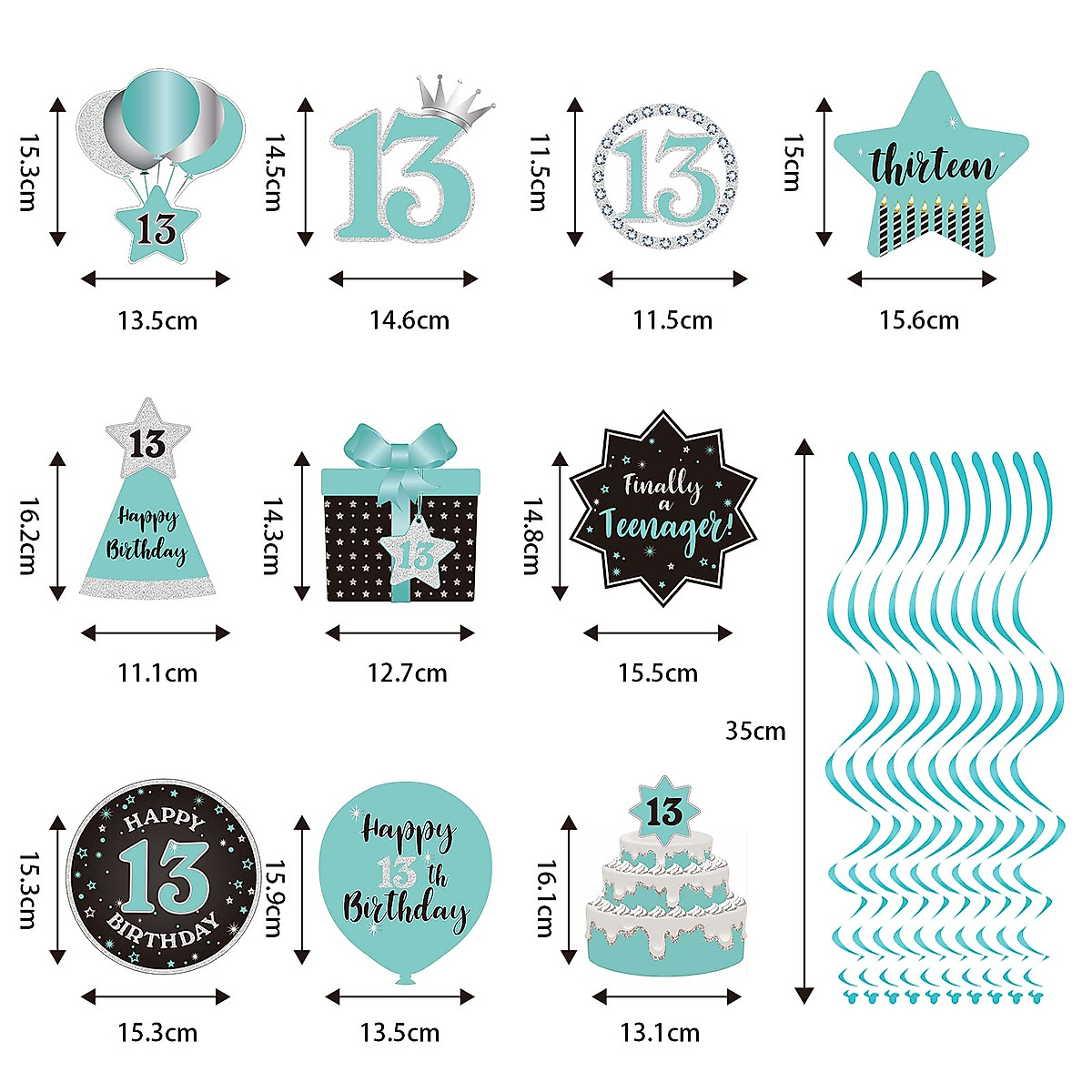 Happy 13th Birthday Party Hanging Swirls Streams Ceiling Decorations, Celebration 13 Foil Hanging Swirls with Cutouts for 13 Years Teal Silver Black Blue Birthday Party Decorations Supplies