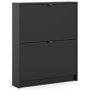 Pemberly Row Modern 2 Drawer Shoe Cabinet, 6-Pair Shoe Rack Storage Organizer in Black Matte