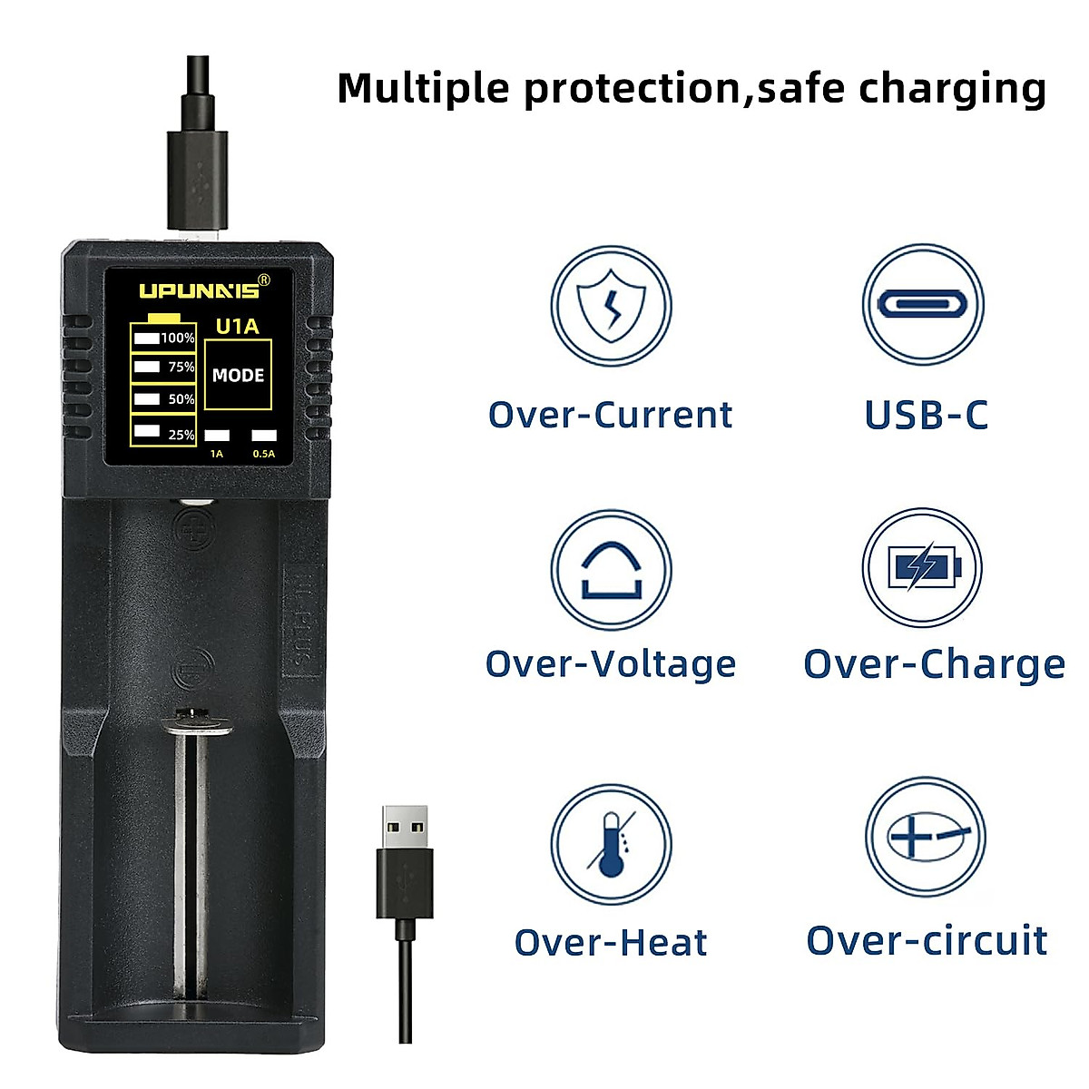 WANGDAJIEDIAN 18650 Battery Charger, Universal for 3.7V Li-ion & 1.2V Ni-MH/Ni-Cd Batteries, LCD Display, Safe Charge Protection, Portable USB Charging