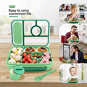 Amathley Bento box adult lunch box,lunch box kids,lunch containers for Adults/Kids/Toddler,5 Compartments bento Lunch box for kids with Sauce Vontainers,Microwave & Dishwasher & Freezer Safe, BPA Free(Green)