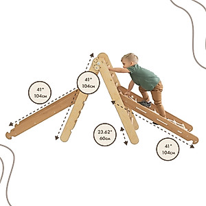 Set 3 in 1 Wooden Triangle Ladder + Climbing Net + Board Slide with Ramp, Montessori Play Gym for Toddlers - Kids Indoor Playground, Aged 6 Months to 7 Years