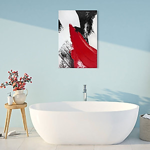 YPY Red Abstract Canvas Wall Art: Modern Minimalist Black and White Picture Hand Paint Textured Oil Painting Poster for Living Room Bedroom Bathroom Office Home Wall Decor 16x24