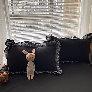 MOOWOO Chic Ruffle Lace Polyester Duvet Cover Set -Girl Black Bedding-3 Piece Queen Duvet Cover with Zipper Closure -Ultra Soft and Light Weight(Black, Queen)