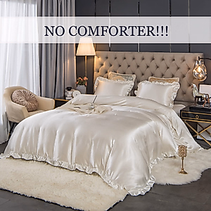 Silky Satin Duvet Cover Set White Bedding Chic Silky Ruffle Fringe Design White Chic Boho Bedding Set Queen 1 Duvet Cover 2 Pillow Shams (Queen, White)…