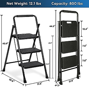 3 Step Ladder, Miscoos Folding Step Stool for Adults with Wide Anti-Slip Pedal, Sturdy Steel Ladder, Lightweight, Convenient Handgrip, Portable Kitchen& Household Small Step Ladder, Black