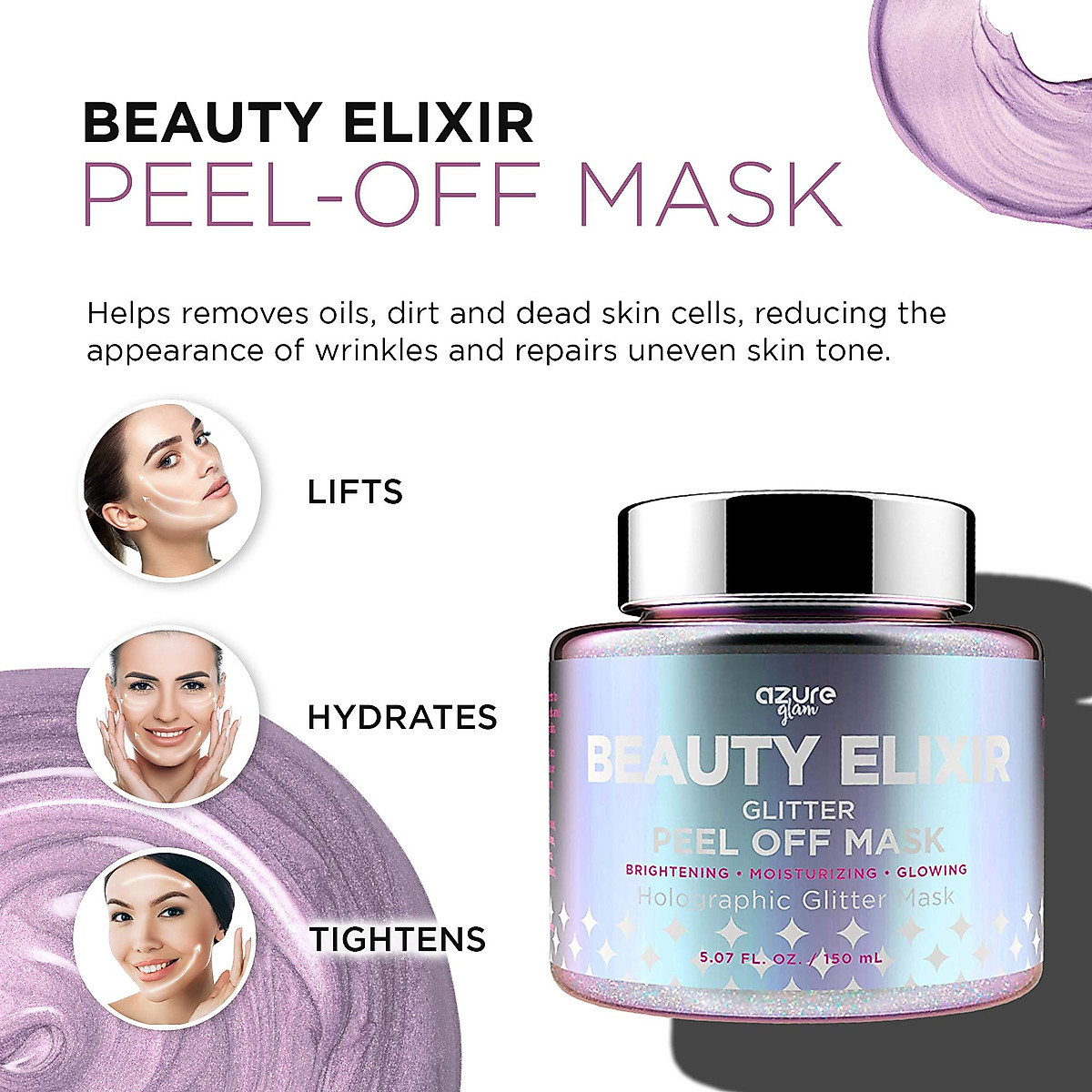 AZURE Beauty Elixir Holographic Peel Off Moisturizing Face Mask - Reduces Wrinkles, Fine Lines & Acne Scars | Removes Blackheads & Dirt and Oil | Repairs Uneven Skin Tone - 150mL / 5.07 fl.oz.