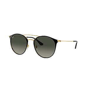 Ray-Ban RB3546 Round Sunglasses, Black On Gold/Light Grey Gradient Dark Grey, 52 mm