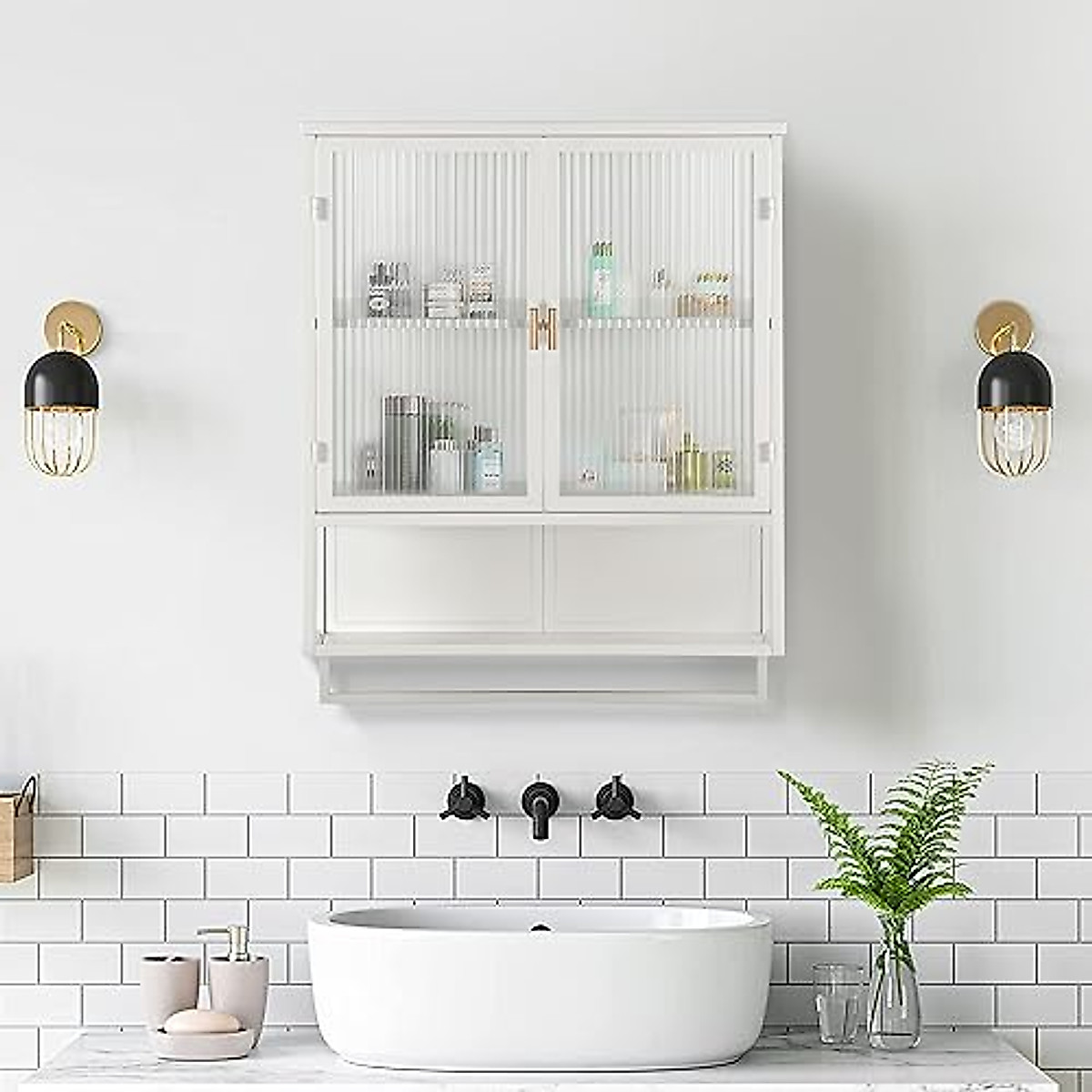 HomSof 23.62" Glass Doors Modern Two-Door Wall Cabinet with Featuring Two-Tier Enclosed Storage,an Open Shelf,and Towel Rack,for Entryway Living Room Bathroom Dining Room