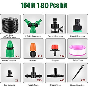 WUGAOGAI Drip Irrigation System 164FT 180 Pack Garden Drip Irrigation Kit 1/4"" Blank Tubing Drip Kit DIY Automatic Irrigation Equipment Set for Garden Greenhouse, Flower Bed,Patio,Lawn