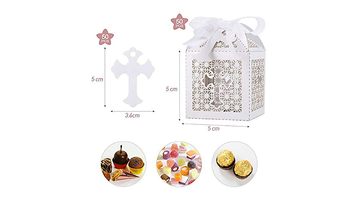 LEMESO 50 Elegant Baptism Favor Boxes with Ribbons & Cross Tags