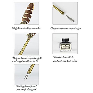 hhhouu Feather Pen and Ink Set, Quill Pen Set Antique Dip Pen with Ink and 6 Replacement Nibs 6pcs Nibs Calligraphy Pens for Beginners HO-Q-300