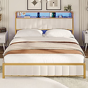 BTHFST Queen Bed Frame, LED Bed Frame with Storage Headboard, USB Ports & Outlets, Upholstered Platform Bed Frame, Sturdy Bed Foundation, Creamy White & Gold