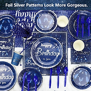 Navy Blue and Silver Birthday Supplies, Blue Birthday Party Decorations for Men, Women, Includes Happy Birthday Banner, Tablecloth, Plates, Napkins, Cups and Straws, Serves 20 Guest