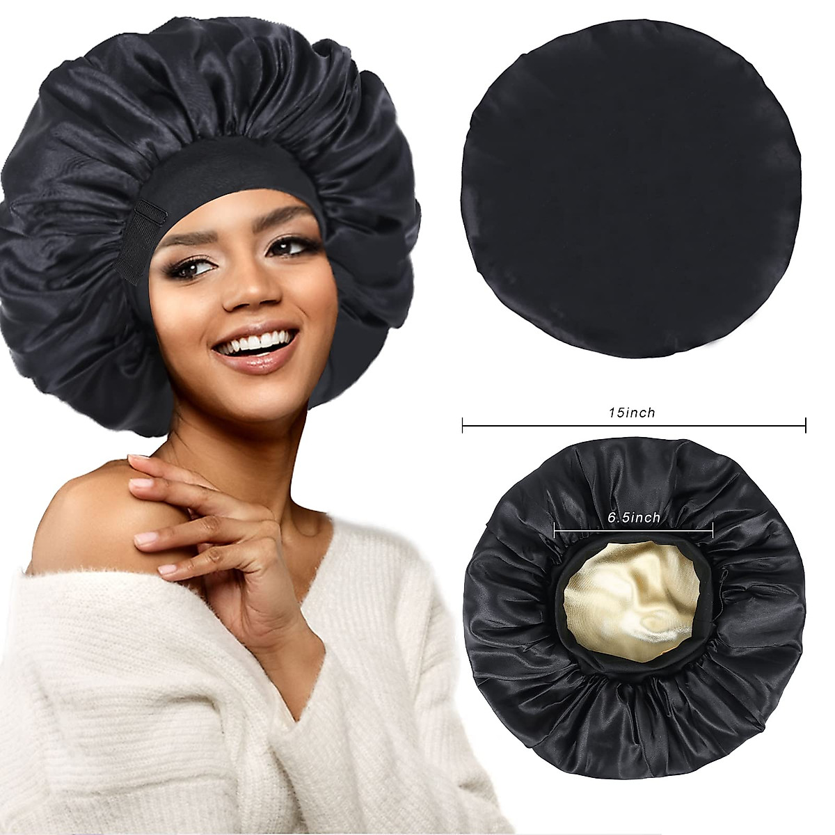 Silk Bonnet for Sleeping Double Layer Satin Bonnet Adjustable Bonnets for Black Women Sleep Cap Reversible Hair Bonnet for Curly Hair (Black)