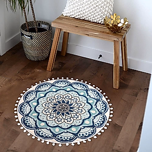 Uphome Small Round Rug 2.3ft Blue Boho Bathroom Rugs with Pom Pom Fringe Non-Slip Washable Mandala Circle Bath Mat Soft Cute Bohemian Throw Rug for Bedroom Sink Dorm Powder Room