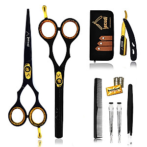 Jecudi Professional Hair Cutting Scissors Set - Handmade Japanese Stainless Steel, Includes Barber Scissors, Hair Shears, Tweezers, Razor, 10 Blades, Comb, 2 Hair Clips & Cleaning Cloth.
