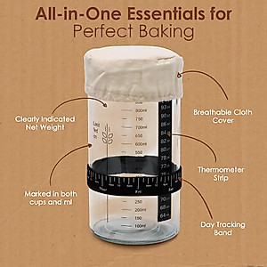 SourDough Starter Jar Kit Large 34oz. Wide Mouth Glass Jar with Scraper, Spatula, Cloth Cover, Feeding Band, Aluminum Lid, Temperature Strip, Instructions, Home Bread Baking Supplies, Fermentation Jar