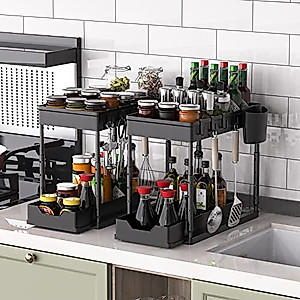 2 Pack Under Sink Organizers and Storage, 2 Tier Sliding Bathroom Organizer Under Sink, Adjustable Height Under Cabinet Organizer Basket with Hooks Hanging Cups, Shelf Organizer for Bathroom Kitchen