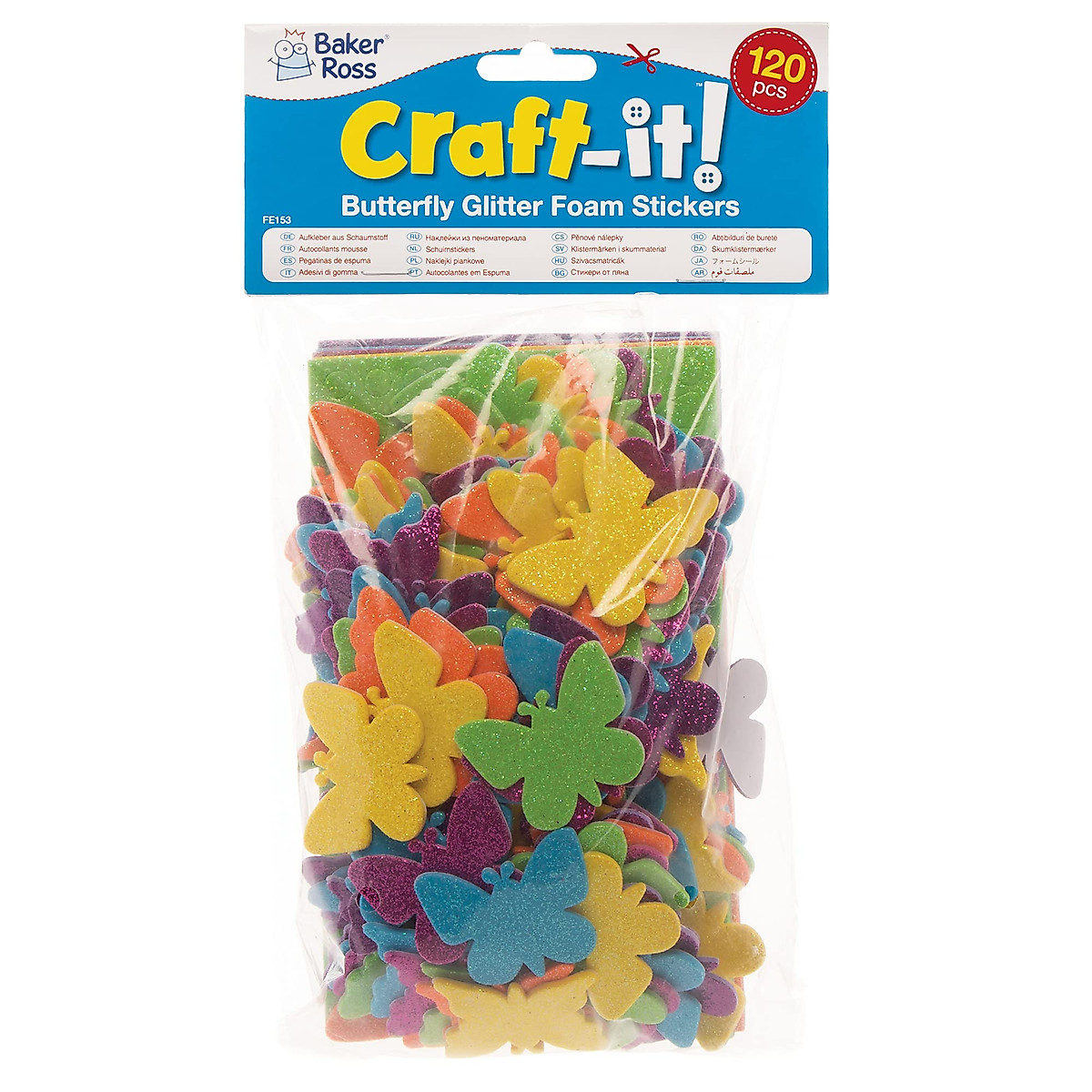 Baker Ross FE153 Butterfly Glitter Foam Stickers - Pack of 120, Kids Stickers, Ideal for Children's Arts and Crafts Projects, Great for Card Making and Scrapbook Supplies