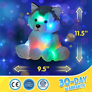 Houwsbaby Light up Husky Stuffed Animal Dog Floppy LED Plush Toy Puppy Night Lights Glow Pillow Birthday Gifts for Kids Toddler Girls, Gray, 11''