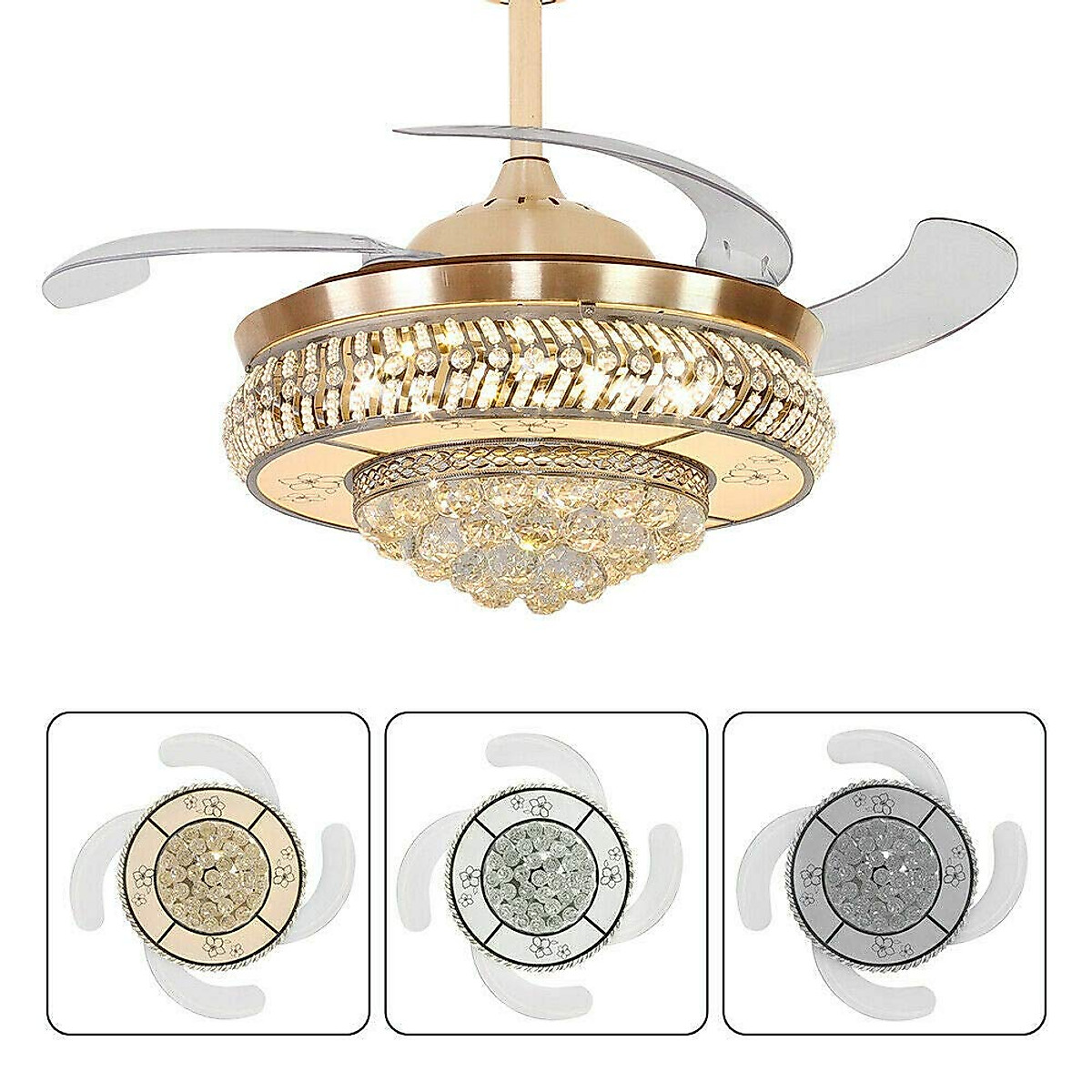 36inch 42inch Chandelier Ceiling Fan LED Crystal Retractable Invisible Ceiling Fan Light Dimmable 3 Speeds&3 Color Lights w/Remote for Bedroom Dining Room Living Room Hotel Restaurant (Gold, 42inch)