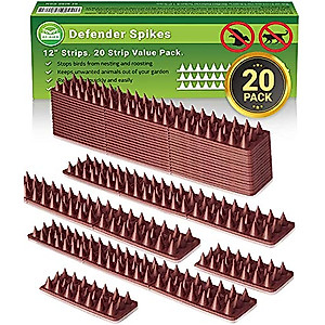 DE-BIRD: Defender Spikes, Cat and Bird Deterrent - Outdoor Pest Defender to Keep Off Pigeon, Squirrel, Woodpecker & More. Plastic Deterrent Anti Theft Climb Strips - 20pk [20 Foot]
