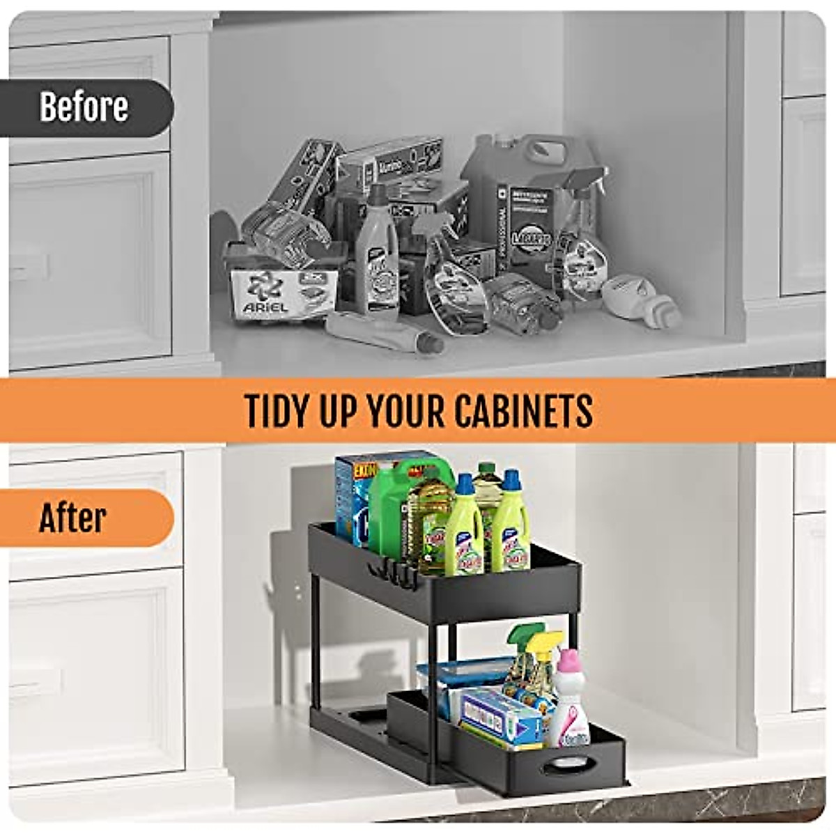 Multi-purpose Under Sink Shelf Organizer - 2-Tier Sliding Storage Drawer Basket Hollow Design Storage Organizer with Hooks,Support Tubes,Antil-slip pads,Suitable for Kitchen Bathroom (Single pull)