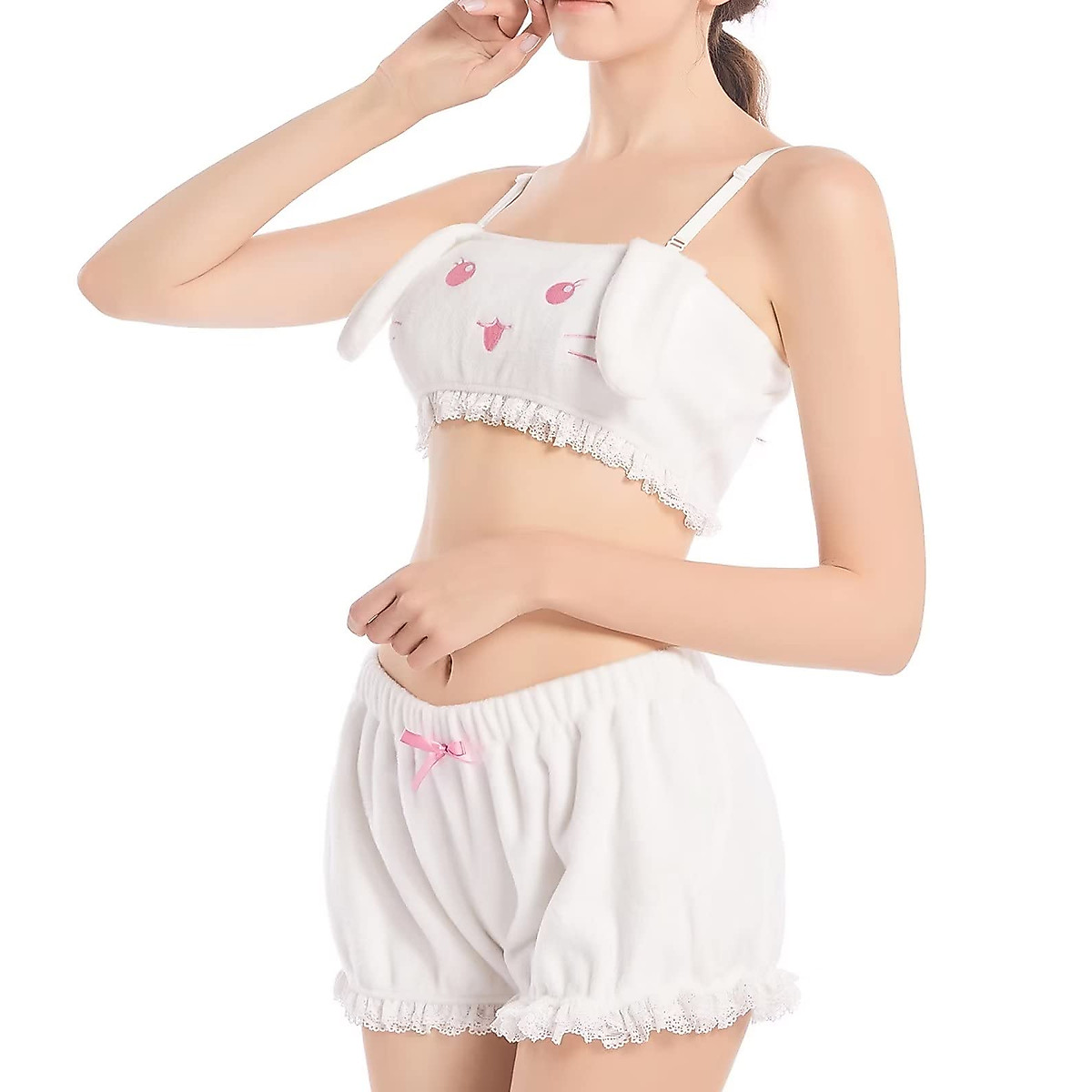 Landofgenie Kawaii Anime Cute Pajamas Set for Women Sweet Lovely Velvet Tube Top and Shorts Sleepwear Suits White XS