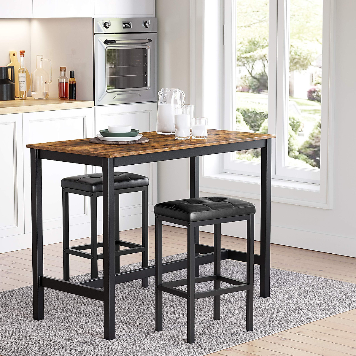 VASAGLE Bar Stools, Set of 2 PU Upholstered Breakfast Stool, 15.7 x 11.8 x 24.4 Inches, Backless, Simple Assembly, Industrial, Dining Room Kitchen Counter Bar, Black Seat and Black Frame ULBC068B81