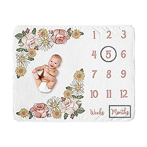 Sweet Jojo Designs Vintage Floral Boho Girl Milestone Blanket Monthly Newborn First Year Growth Mat Baby Shower Memory Keepsake Gift Picture - Blush Pink Yellow Green Shabby Chic Rose Flower Farmhouse
