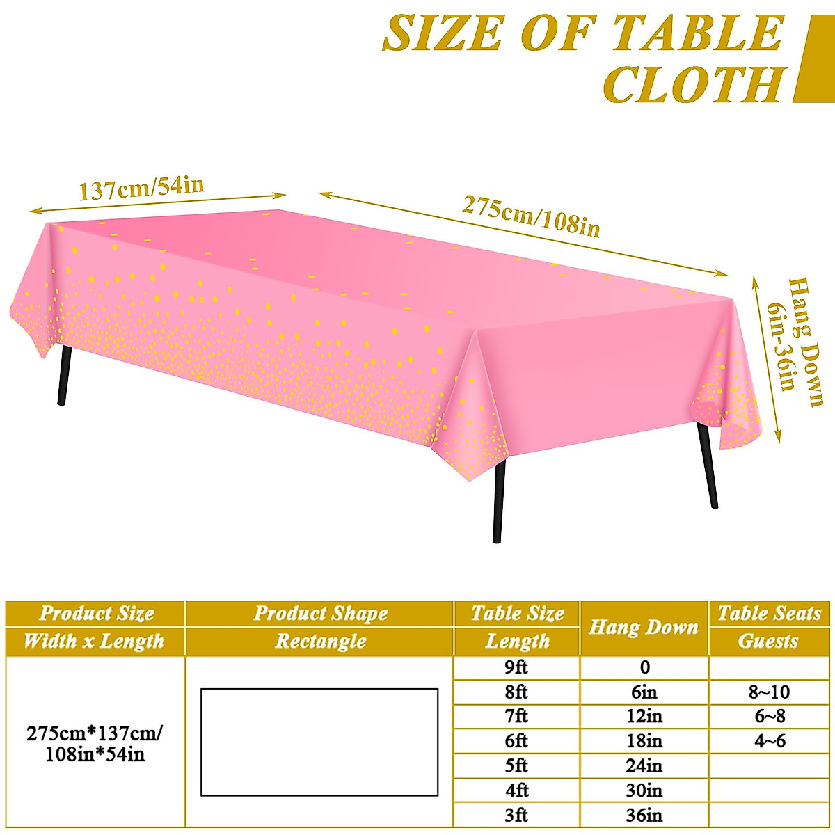 4 Pack Plastic Table Cloth Cover for Parties Disposable, Pink and Gold Tablecloth for 8 Foot Rectangle Tables, Birthday Wedding Graduation Father Valentine's Day Easter Party Supplies Decorations