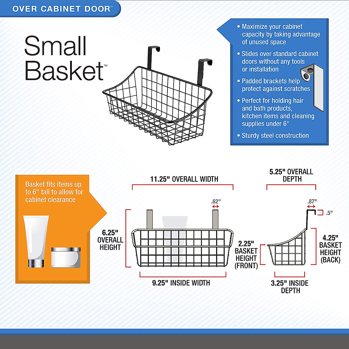 Spectrum Diversified Grid Storage Basket, Over The Cabinet, Steel Wire Organization Under Sink Kitchen & Bathroom, Small, Satin Nickel PC