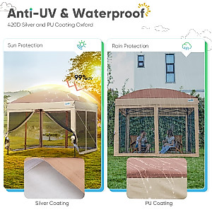 Quictent 6.6’x6.6’ Pop up Canopy Tent with Netting, Instant Setup Screen House Room Tent Screened- 4 Magnetic Doors, Waterproof (Khaki)
