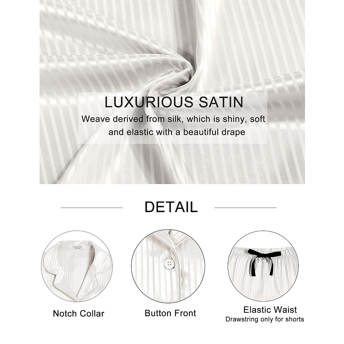 Ekouaer Women's Striped Satin Pajama Set Silk Long Sleeve Button Down Pjs Sleepwear White Striped L