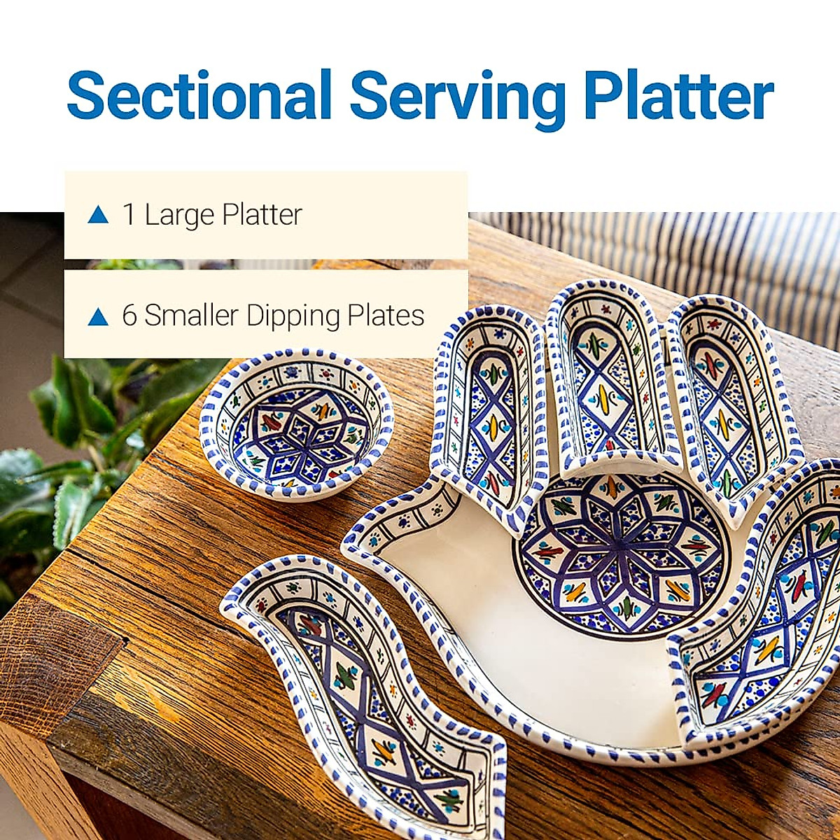 KAMSAH Plate Set & Serving Platter, Custom Hand-Painted Ceramic Appetizer Tray Serving Dishes for Celebrations, Parties and Events (Hand - Large, Bohemian Blue)