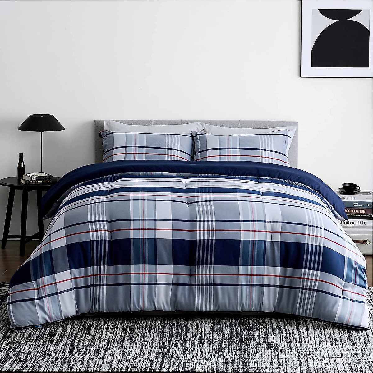 Bedsure Twin Comforter Set Plaid - Grid Navy Blue and Grey Comforter, Lightweight Comforter Checkered Soft Twin Bed Comforter Set for Boys with 1 Pillow Sham (Twin, 68"×88")