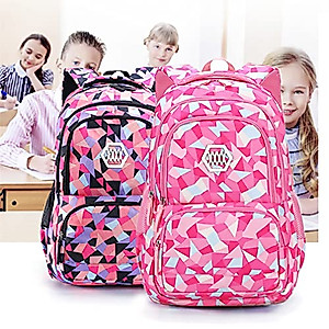 BEFUNIRISE School Backpack Girls Geometric Printed Primary Junior Middle High College Kids Boy Bookbag (Rosy, Large)